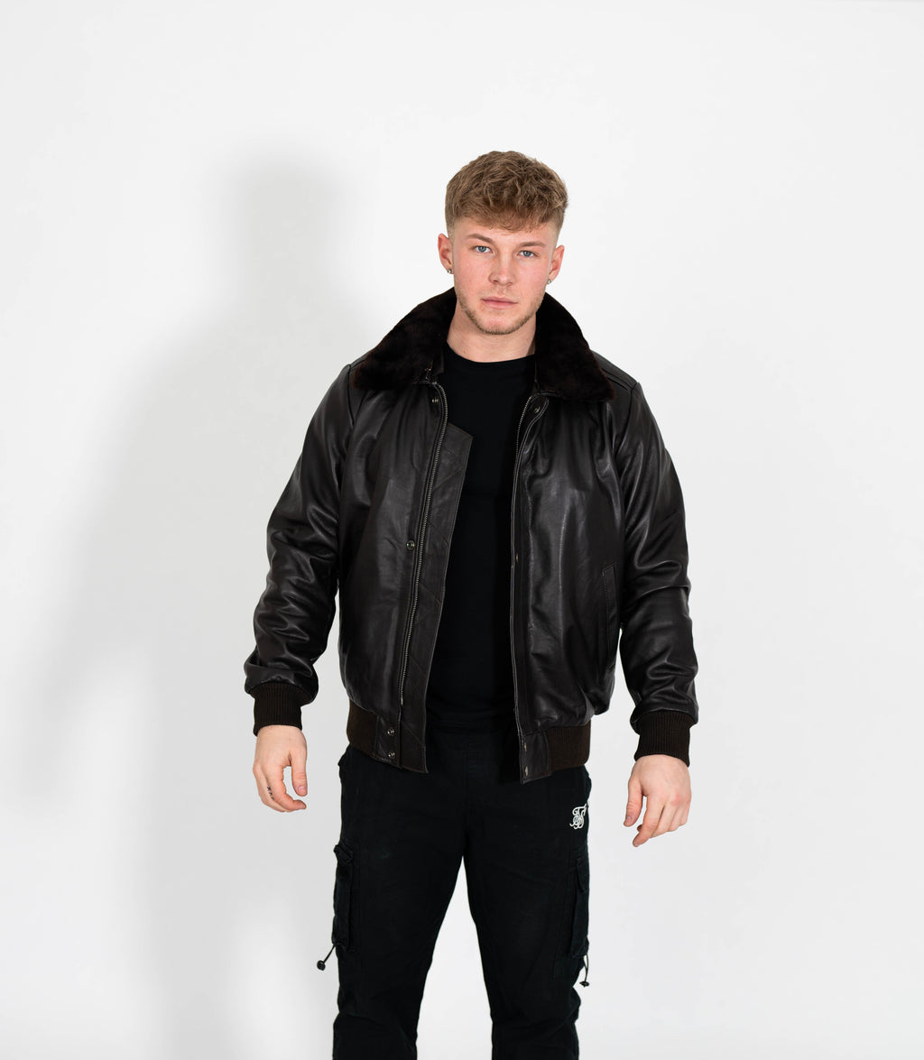 Men's Leather Pilot Bomber Jacket with Detachable Collar - Black ...