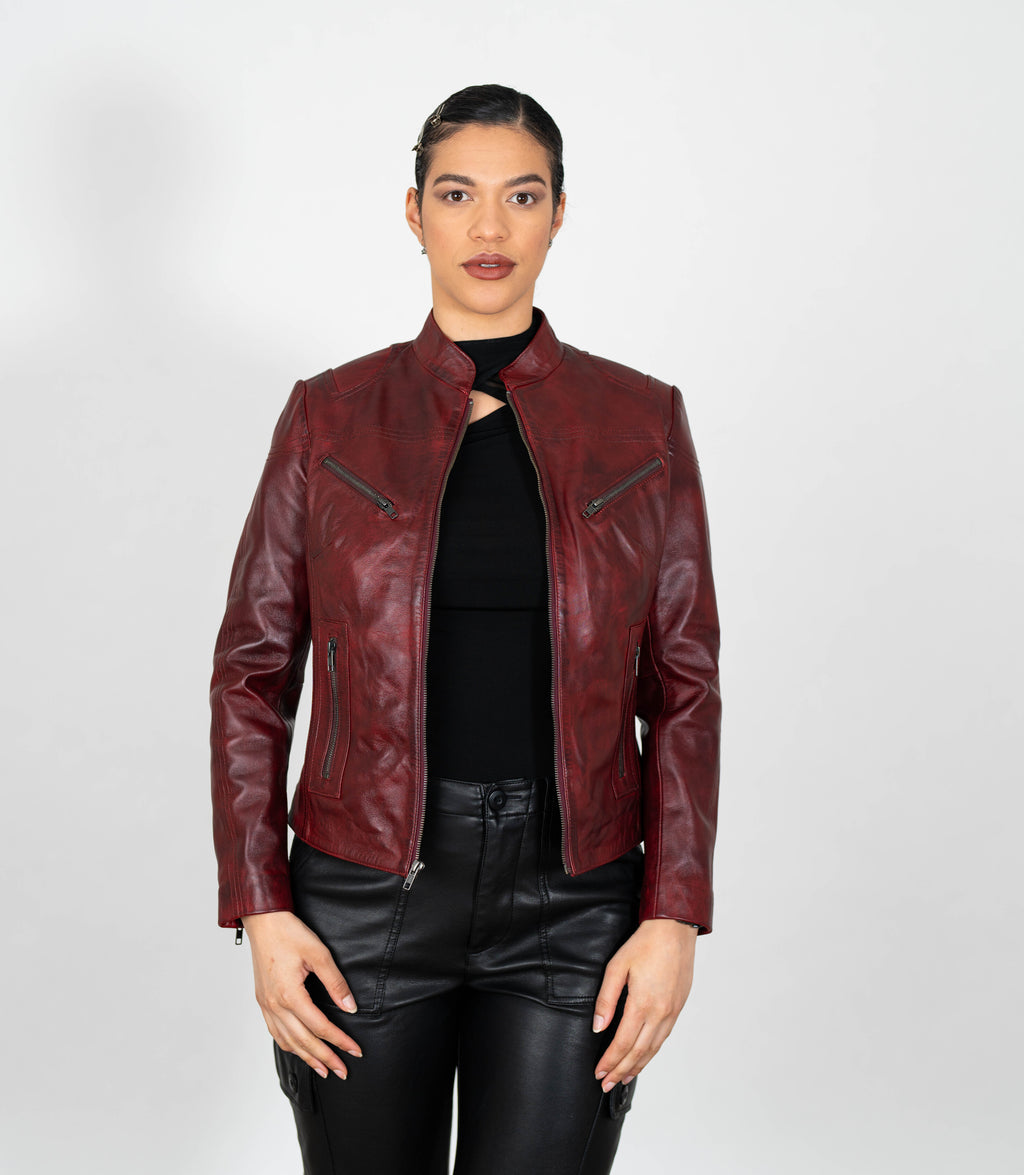 Women's Mandarin Collar Leather Biker Jacket - Burnt Red – Brick Lane ...