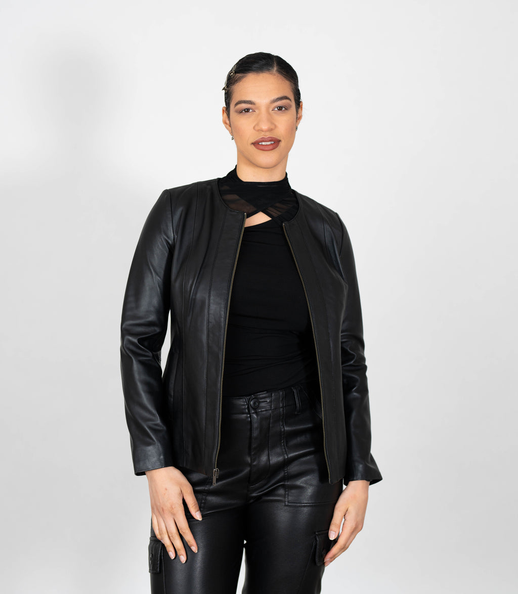 Women's Collarless Classic Leather Jacket - Black – Brick Lane Leather Co.
