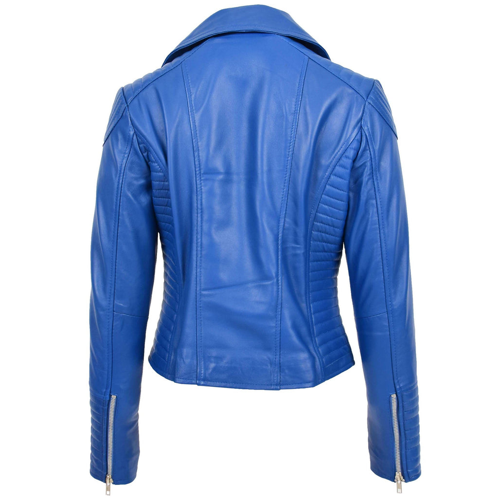 Women's Cross Zip Quilted Biker Style Leather Jacket - Blue – Brick ...
