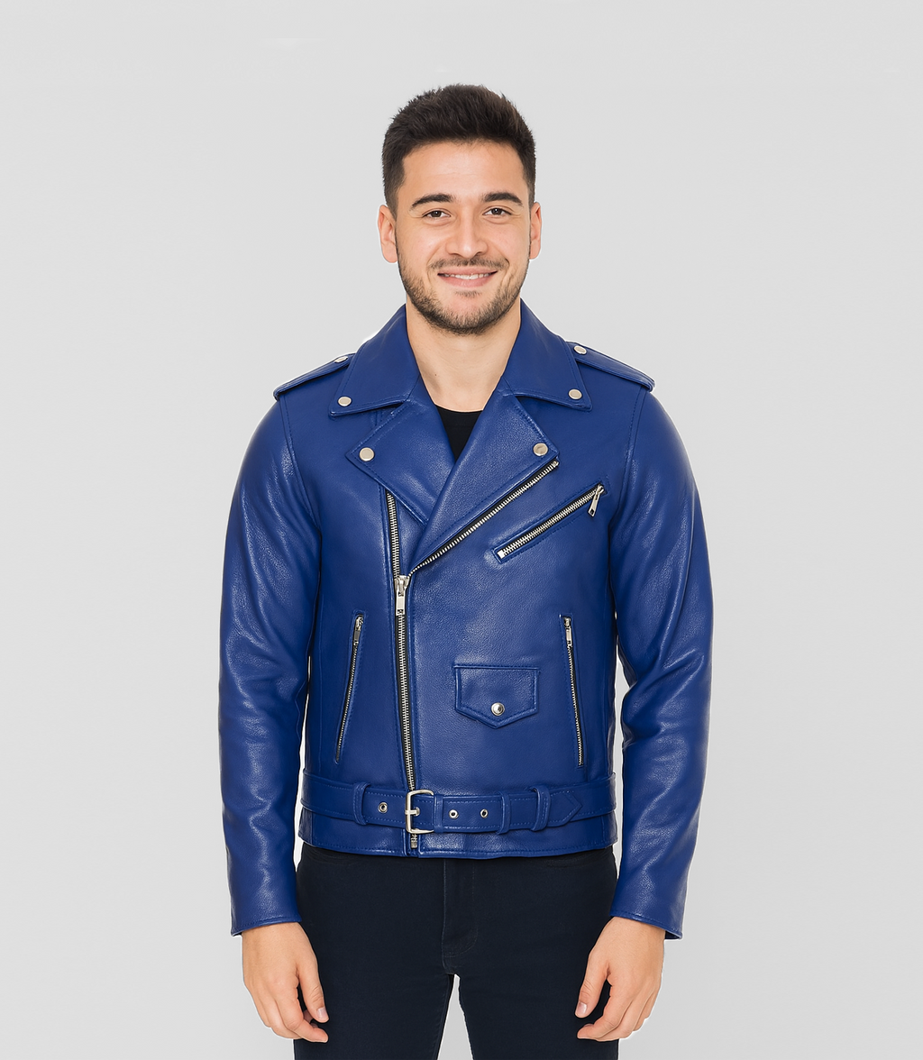 Men's Classic Brando Biker Leather Jacket - Blue – Brick Lane Leather Co.
