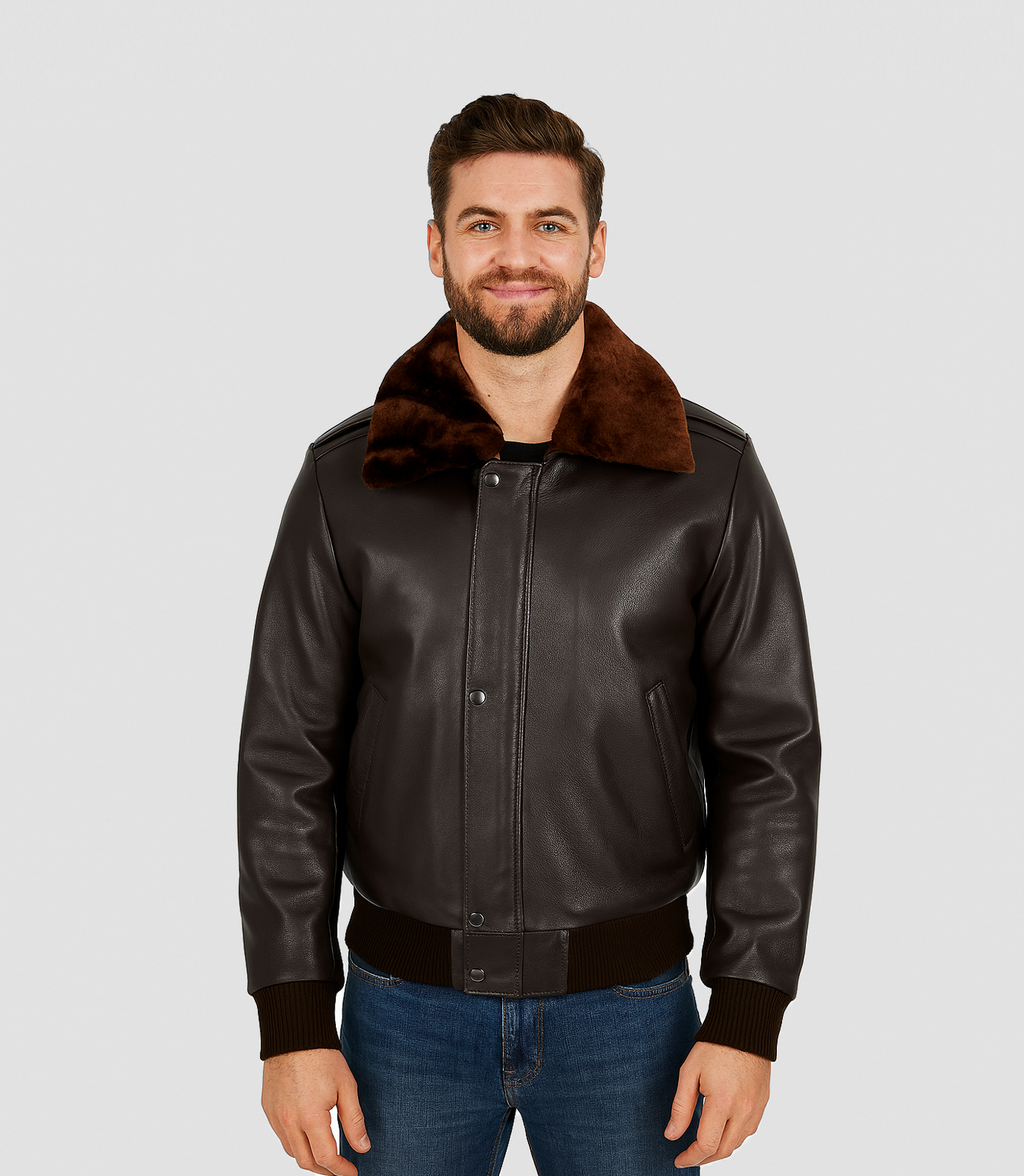 Men's Leather Pilot Bomber Jacket with Detachable Collar - Brown ...