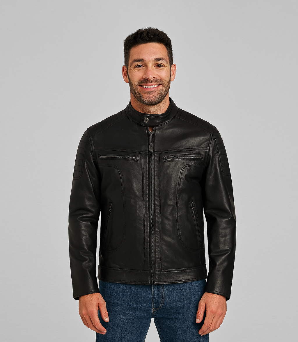 Men's Quilted Leather Biker Style Zip Jacket - Black – Brick Lane ...
