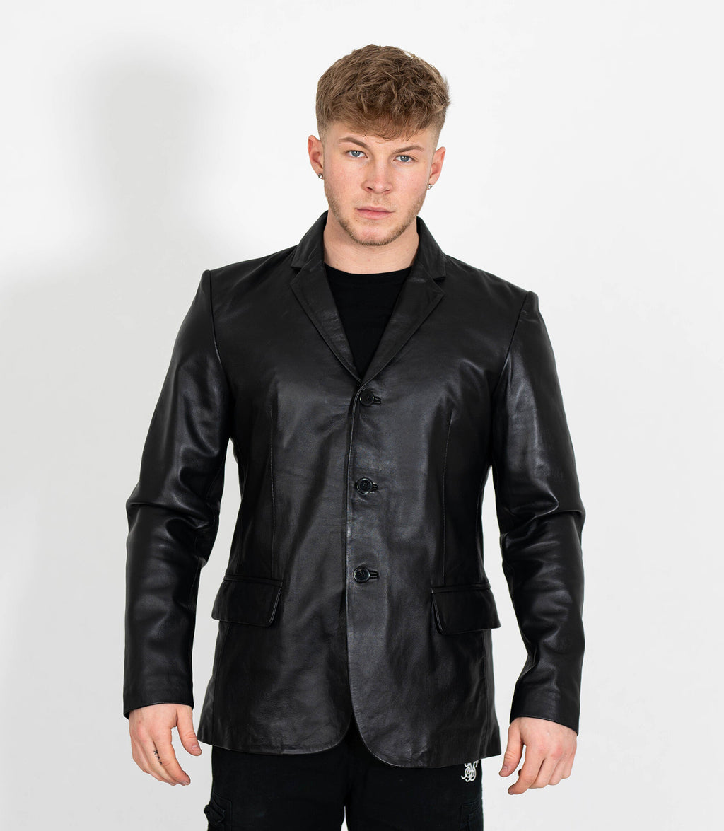 Men's Classic Three Button Leather Blazer - Black – Brick Lane Leather Co.